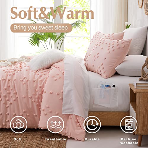 Geniospin Twin Comforter Set 6 Pieces, Bed in A Bag with Comforters, Sheets, Pillowcases & Shams - Pom Tufted Design Microfiber, All Season Down Alternative Bedding Sets (Pink, 66 x 86 Inches)