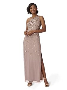 adrianna papell women's one shoulder beaded gown, stone, 4