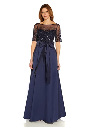 Adrianna Papell Women's Beaded Mesh and Taffeta Gown, Navy, 10