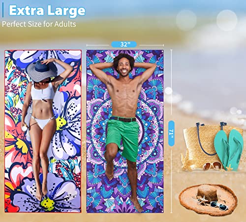 2 Pack Microfiber Oversized Lightweight Beach Towel 71"x32" XL Extra Large Thin Sand Free Towels Travel Swim Pool Yoga Gym Camping for Adults Women Men Beach Essentials Accessories Vacation Gift