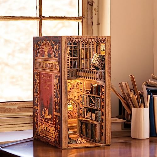 CUTEBEE DIY Book Nook Kit, DIY Dollhouse Booknook Bookshelf Insert Decor Alley, Bookends Model Build-Creativity Kit with LED Light (Eternal Bookstore)