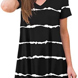 POPYOUNG Women's Summer Casual Short Sleeve Tunic Tops to Wear with Leggings V-Neck T-Shirt Loose Blouse,Lace Hem XL, Stripe Black