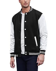 coofandy men fashion varsity jackets leather sleeve slim fit college baseball letterman bomber coat, pure black, xx-large