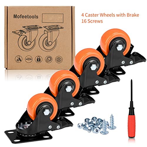 2" Caster Wheels Load 600 Lbs, Orange Polyurethane Castors, Top Plate Swivel Wheels, Casters Set of 4, Locking Casters for Furniture and Workbench, Heavy Duty Casters, 4 Pack Casters with Brake