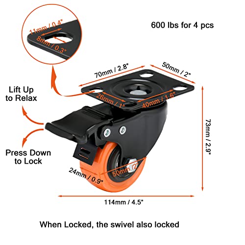 2" Caster Wheels Load 600 Lbs, Orange Polyurethane Castors, Top Plate Swivel Wheels, Casters Set of 4, Locking Casters for Furniture and Workbench, Heavy Duty Casters, 4 Pack Casters with Brake