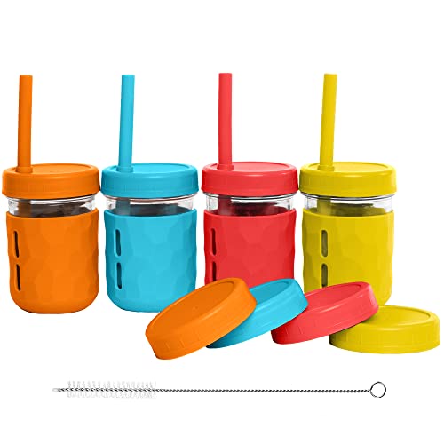 WeeSprout Glass Cups With Lids & Straws, Spill-Resistant Cups for Toddlers & Kids, Triple as Toddler Cups, Baby Food Storage & Snack Jars, XL Silicone Straws, Easy-grip Sleeves, Set of Four 8 oz jars