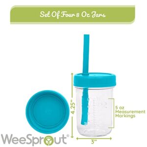 WeeSprout Glass Cups With Lids & Straws, Spill-Resistant Cups for Toddlers & Kids, Triple as Toddler Cups, Baby Food Storage & Snack Jars, XL Silicone Straws, Easy-grip Sleeves, Set of Four 8 oz jars