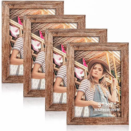 WARecorderM 5x7 Picture Frames Set of 4 - High Definition Glass New Patten Frame - Wall Mounting Frame Horizontal Vertical Format, Brown