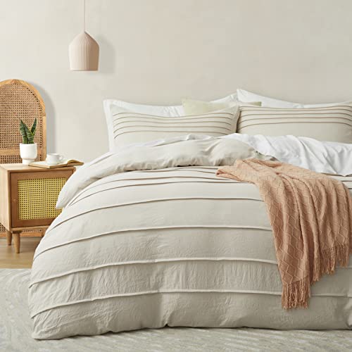 Oli Anderson Beige Duvet Cover Queen Size - Pleated Queen Duvet Cover, 3PCS Soft and Breathable Textured Bedding Set with Zipper Closure(Beige,90"x90")