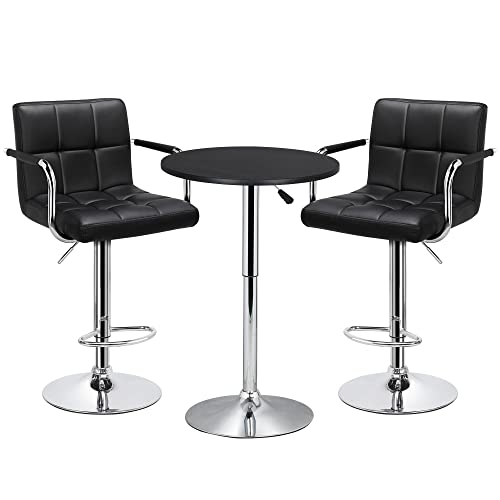 Yaheetech 3-Piece Bar Table Set, Round Bar Table and PU Leather Adjustable Swivel Chairs, Modern Counter Height Table Set with 2 Bar Stool for Kitchen, Black