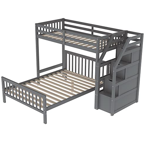 Harper & Bright Designs Twin Over Full Bunk Bed with Staircase, Wooden L Shaped Bunk Beds for Kids, Twin Loft Bed with Storage Drawers and Full Platform Bed, No Box Spring Needed (Gray)