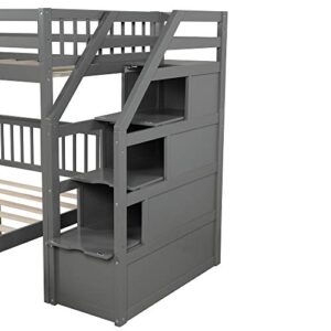 Harper & Bright Designs Twin Over Full Bunk Bed with Staircase, Wooden L Shaped Bunk Beds for Kids, Twin Loft Bed with Storage Drawers and Full Platform Bed, No Box Spring Needed (Gray)