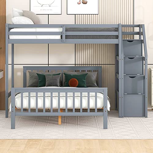 Harper & Bright Designs Twin Over Full Bunk Bed with Staircase, Wooden L Shaped Bunk Beds for Kids, Twin Loft Bed with Storage Drawers and Full Platform Bed, No Box Spring Needed (Gray)