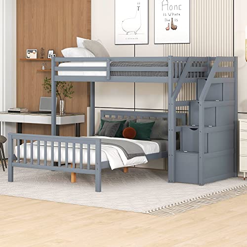 Harper & Bright Designs Twin Over Full Bunk Bed with Staircase, Wooden L Shaped Bunk Beds for Kids, Twin Loft Bed with Storage Drawers and Full Platform Bed, No Box Spring Needed (Gray)