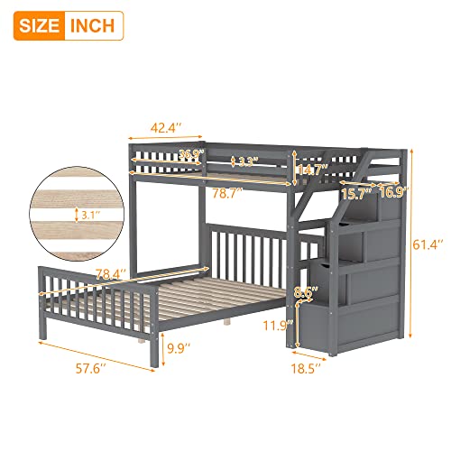 Harper & Bright Designs Twin Over Full Bunk Bed with Staircase, Wooden L Shaped Bunk Beds for Kids, Twin Loft Bed with Storage Drawers and Full Platform Bed, No Box Spring Needed (Gray)