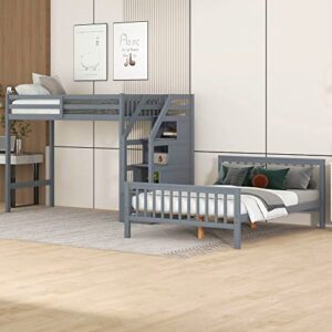 Harper & Bright Designs Twin Over Full Bunk Bed with Staircase, Wooden L Shaped Bunk Beds for Kids, Twin Loft Bed with Storage Drawers and Full Platform Bed, No Box Spring Needed (Gray)