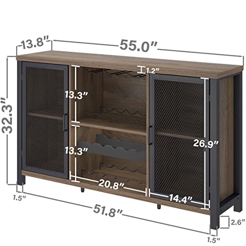 IBF Industrial Wine Bar Cabinet, Coffee Bar Cabinet for Liquor and Glasses, Farmhouse Liquor Cabinet with Storage Rack, Sidebaord Buffet Cabinet for Home Kitchen Dining Living Room, Rustic Oak, 55 in