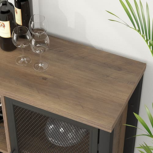 IBF Industrial Wine Bar Cabinet, Coffee Bar Cabinet for Liquor and Glasses, Farmhouse Liquor Cabinet with Storage Rack, Sidebaord Buffet Cabinet for Home Kitchen Dining Living Room, Rustic Oak, 55 in