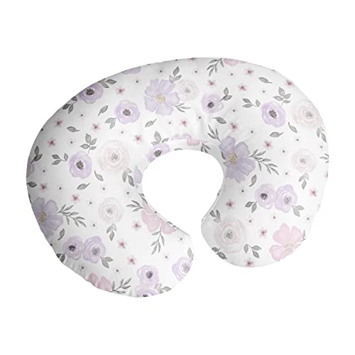 Sweet Jojo Designs Watercolor Floral Nursing Pillow Cover Breastfeeding Pillowcase for Newborn Infant Bottle Breast Feeding Pillow NOT Included Lavender Purple Pink Grey Boho Shabby Chic Rose Flower