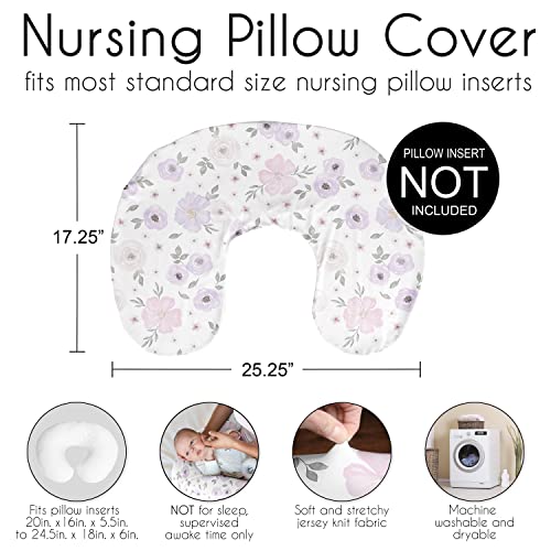 Sweet Jojo Designs Watercolor Floral Nursing Pillow Cover Breastfeeding Pillowcase for Newborn Infant Bottle Breast Feeding Pillow NOT Included Lavender Purple Pink Grey Boho Shabby Chic Rose Flower