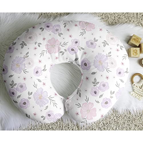 Sweet Jojo Designs Watercolor Floral Nursing Pillow Cover Breastfeeding Pillowcase for Newborn Infant Bottle Breast Feeding Pillow NOT Included Lavender Purple Pink Grey Boho Shabby Chic Rose Flower