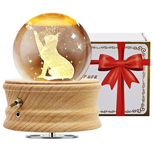 Figermoon 3D Crystal Ball Music Box with Projection LED Light and Rotating Wooden Base, Gift for Birthday Christmas Day, Music Boxes for Women Mom Daughter(Cat)