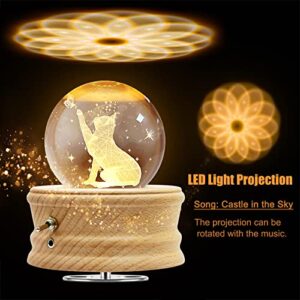 Figermoon 3D Crystal Ball Music Box with Projection LED Light and Rotating Wooden Base, Gift for Birthday Christmas Day, Music Boxes for Women Mom Daughter(Cat)