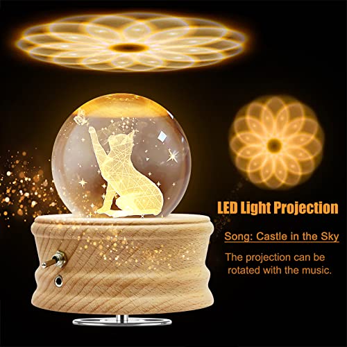 Figermoon 3D Crystal Ball Music Box with Projection LED Light and Rotating Wooden Base, Gift for Birthday Christmas Day, Music Boxes for Women Mom Daughter(Cat)