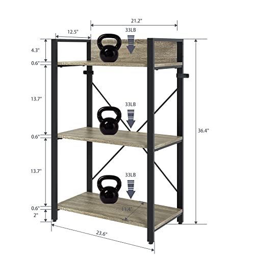 UMESONG 3-Tier Rustic Bookcase Industrial Shelves Wood and Metal Bookshelf Vintage Standing Shelf Open Shelving Unit for Living Room, Bedroom, Office, Kitchen (Grey)