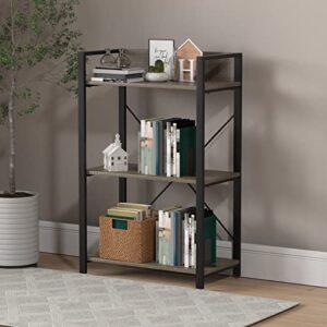 UMESONG 3-Tier Rustic Bookcase Industrial Shelves Wood and Metal Bookshelf Vintage Standing Shelf Open Shelving Unit for Living Room, Bedroom, Office, Kitchen (Grey)