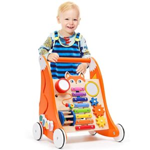 Wooden Baby Walker Baby Push Walker with Multiple Entertainment Activity Center, Sit-to-Stand Learning Baby Walkers for 1 Year Old Boys Girls Infants