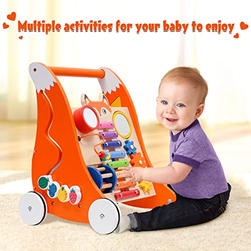 Wooden Baby Walker Baby Push Walker with Multiple Entertainment Activity Center, Sit-to-Stand Learning Baby Walkers for 1 Year Old Boys Girls Infants