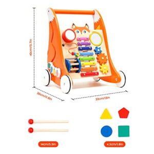 Wooden Baby Walker Baby Push Walker with Multiple Entertainment Activity Center, Sit-to-Stand Learning Baby Walkers for 1 Year Old Boys Girls Infants