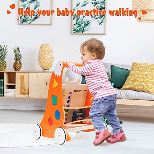 Wooden Baby Walker Baby Push Walker with Multiple Entertainment Activity Center, Sit-to-Stand Learning Baby Walkers for 1 Year Old Boys Girls Infants