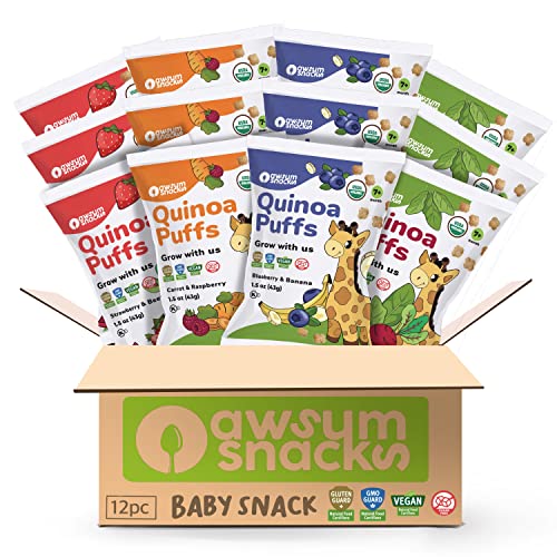 Awsum Snacks Variety Baby Puffs - Happy Healthy Baby Snack - Natural Plant Based Puffed Snacks - Certified USDA Organic Kosher Non GMO Gluten Free Vegan - No Added Sugar - Non-Allergy (12 1.5oz bags)