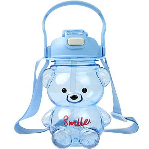 Kawaii Bear Straw Bottle, Large Capacity Double Drink Ports Cartoon Kids Bear Water Bottle with Strap and Straw, Cute Portable Bear Shaped Water Bottle Adjustable Removable Strap for Girls and Children (Blue)