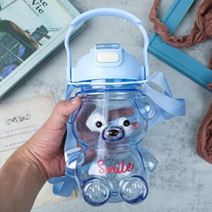 Kawaii Bear Straw Bottle, Large Capacity Double Drink Ports Cartoon Kids Bear Water Bottle with Strap and Straw, Cute Portable Bear Shaped Water Bottle Adjustable Removable Strap for Girls and Children (Blue)