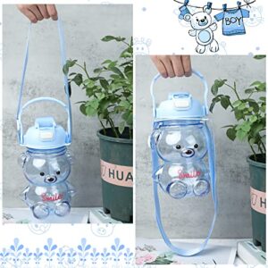 Kawaii Bear Straw Bottle, Large Capacity Double Drink Ports Cartoon Kids Bear Water Bottle with Strap and Straw, Cute Portable Bear Shaped Water Bottle Adjustable Removable Strap for Girls and Children (Blue)