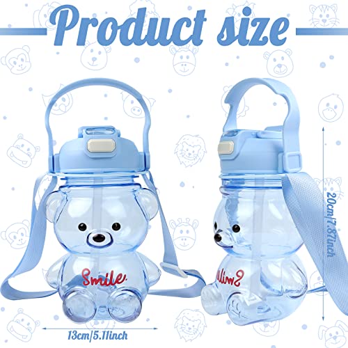 Kawaii Bear Straw Bottle, Large Capacity Double Drink Ports Cartoon Kids Bear Water Bottle with Strap and Straw, Cute Portable Bear Shaped Water Bottle Adjustable Removable Strap for Girls and Children (Blue)