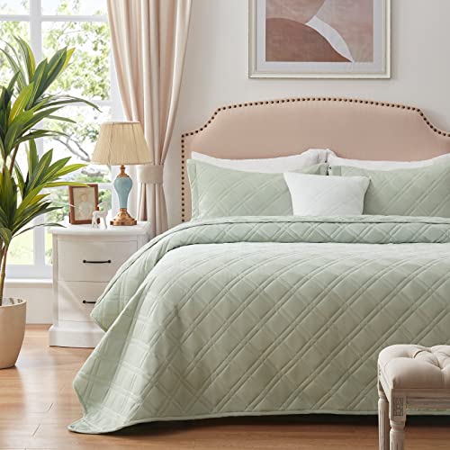 COZYART Sage Green Quilt Set Full/Queen Size, Bedspread Quilt Sets Soft Lightweight Quilted Coverlet Bedding Sets for All Season, 3 Pieces, 1 Quilt 2 Pillow Shams