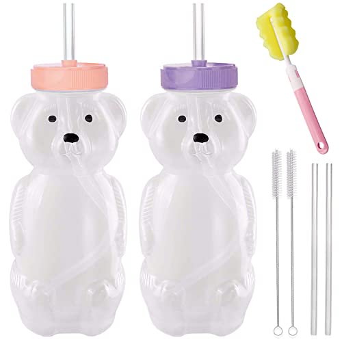 Honey Bear Straw Cups, Juice Bear Bottle Drinking Cup Long Straws with 4 Flexible Straws & Cleaning Tools, 8-Ounce Therapy Sippy Bottles for Speech and Feeding Training, Food-Grade & BPA Free 2 Pack