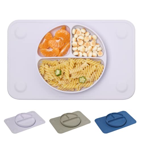 BABELIO Baby Plates with Suction, Silicone Suction Plate for Toddlers & Babies, Divided Dishes | Placemat Plate Design | 100% Silicone | BPA Free | Dishwasher Safe (Lilac Grey)