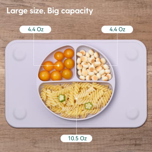 BABELIO Baby Plates with Suction, Silicone Suction Plate for Toddlers & Babies, Divided Dishes | Placemat Plate Design | 100% Silicone | BPA Free | Dishwasher Safe (Lilac Grey)