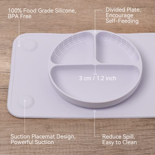 BABELIO Baby Plates with Suction, Silicone Suction Plate for Toddlers & Babies, Divided Dishes | Placemat Plate Design | 100% Silicone | BPA Free | Dishwasher Safe (Lilac Grey)