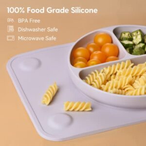 BABELIO Baby Plates with Suction, Silicone Suction Plate for Toddlers & Babies, Divided Dishes | Placemat Plate Design | 100% Silicone | BPA Free | Dishwasher Safe (Lilac Grey)