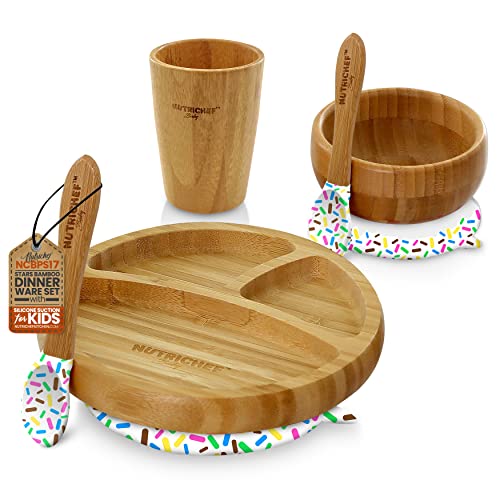 Baby Bamboo Dinnerware Set - 3 Partition Wooden Toddler Plate, Bowl, Cup & Spoon w/ Silicone Suction Base for Stay Put Feeding, BPA-Free, Hypoallergenic, For Children Aged 4-72 Mo. (Sparkle)