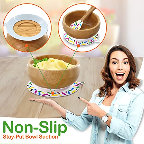 Baby Bamboo Dinnerware Set - 3 Partition Wooden Toddler Plate, Bowl, Cup & Spoon w/ Silicone Suction Base for Stay Put Feeding, BPA-Free, Hypoallergenic, For Children Aged 4-72 Mo. (Sparkle)