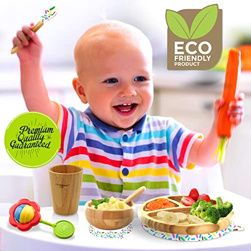 Baby Bamboo Dinnerware Set - 3 Partition Wooden Toddler Plate, Bowl, Cup & Spoon w/ Silicone Suction Base for Stay Put Feeding, BPA-Free, Hypoallergenic, For Children Aged 4-72 Mo. (Sparkle)