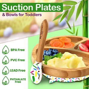 Baby Bamboo Dinnerware Set - 3 Partition Wooden Toddler Plate, Bowl, Cup & Spoon w/ Silicone Suction Base for Stay Put Feeding, BPA-Free, Hypoallergenic, For Children Aged 4-72 Mo. (Sparkle)