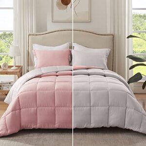 homelike moment comforter set, queen size pink and grey bed comforters, all season lightweight full bedding, reversible duvet insert 3 pieces - 1 comforter 2 pillow shams, summer blanket